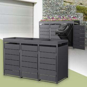 ML Design ML-Design M&uuml;lltonnenbox 3er mit Pflanzdach, M&uuml;lltonnenverkleidung f&uuml;r 3 Tonne, 240L, 196x80x124 cm, Anthrazit, aus Stahl, wetterfest, M&uuml;llbox mit T&uuml;r,