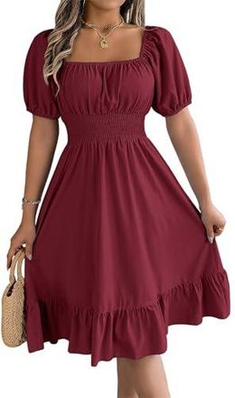 Generic Robe d&eacute;t&eacute; d&eacute;contract&eacute;e &agrave; manches bouffantes avec col carr&eacute;, manches courtes, taille ajust&eacute;e, ourlet &agrave; volants, robe d&eacute;t&eacute; midi trap&egrave;ze, Rouge, XL