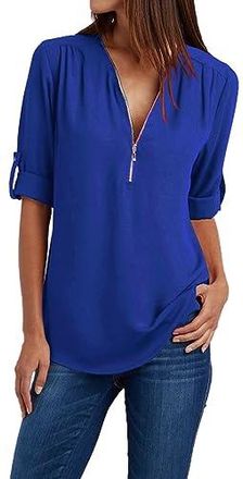 Generic Tee Shirt Femme Grandes Tailles- Haut Femme Zippé,Tunique À Manches Courtes Sexy Col en V Top Lâche Couleurs Unies Blouses Décontractées Respirant Con