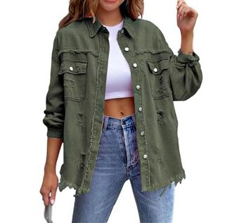Generic Veste en jean surdimensionn&eacute;e &agrave; franges d&eacute;chir&eacute;es pour femme avec poche, vert militaire, XXL
