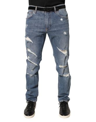 Dolce & Gabbana Mens Blue Tattered Slim Fit Cotton Denim Jeans Elastane Clothing