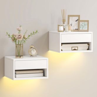 HOMCOM 2er-Set Hängenachttische mit RGB-LED-Beleuchtung und App-Steuerung, Wand-Nachttische mit offenem Fach und 1 Schublade, für Schlafzimmer, Wohnzimmer, 3