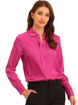 Allegra K Damen Satin Bluse Langarm Hemdkragen V-Ausschnitt Elegant Business Shirt Hell Rosas S