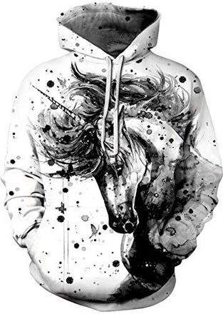 EUDOLAH Sweat-Shirt Femme Hiver Casual Sweats Se Sport 3D Motif avec Pochette(L/XL,Cheval Gris-6)