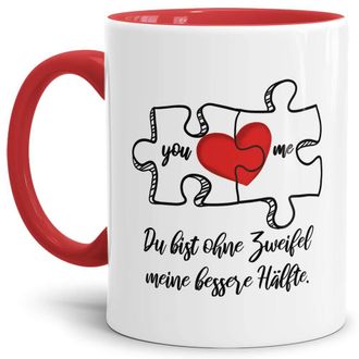 Tassendruck Tasse mit Puzzleteil-Motiv und Spruch - Meine bessere H&auml;lfte - Kaffeetasse/Liebe/Geschenk-Idee/Partner - Innen & Henkel Rot