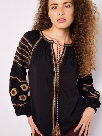 Apricot Klassische Bluse Bluse mit Quastenstickerei mit Zierband