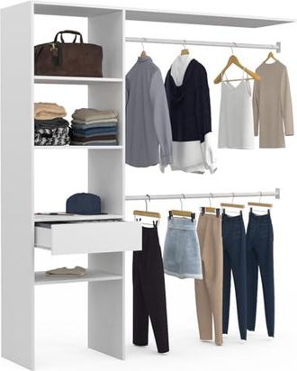 IDMarket Kit Dressing MELINE 160 x 40 x 180 cm Blanc avec &eacute;tag&egrave;res + tiroir + Double penderie