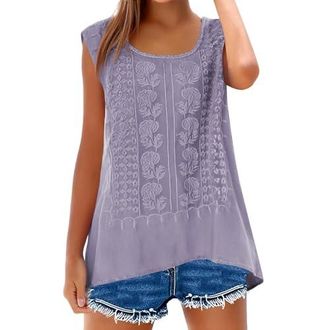 Generic D&eacute;bardeurs d&eacute;t&eacute; en lin pour femmes, col carr&eacute;, broderie vintage, chemises sans manches, chemises d&eacute;contract&eacute;es et tendance pour femmes, chemisiers, v&ecirc;