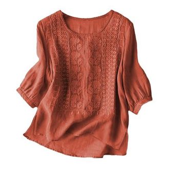 Generic Chemisiers en lin pour femme - D&eacute;contract&eacute; - Vintage - Broderie - Manches 3/4 - Col rond - Manches courtes - Tendance - V&ecirc;tements boh&egrave;mes, Orange, 3XL