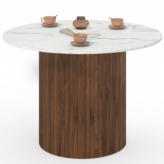 IDMarket Esstisch, rund, Juliette, 6 Personen, zentraler Fu&szlig;, Walnuss-Latteneffekt, Platte mit Marmor-Effekt, Wei&szlig;, Alaska, 110 cm