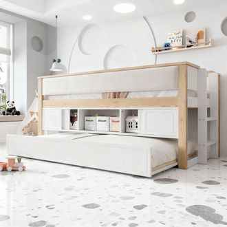 Generic Clevere Platznutzung! Das Halbhohe Bett mit ausziehbarem Zweitbett und Ablagefächern in Weiß & Natur (90x200 cm)