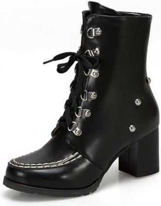 Generic Bottines tendance à lacets pour femme avec décoration cloutée et talon bloc confortable Bout rond Chaussures punk dhiver, Noir, 38.5 EU