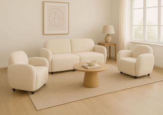 Mendler Wohnzimmer-Set HWC-P33, 2er-Sofa 2X Sessel, Stoff/Textil Chenille (330 g/m²) Öko-Tex - Creme