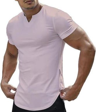 Generic T-shirt pour homme - Col en V - Manches courtes - Pour lété - Haut de couche de base - Pour entraînement et gym, rose, XXL