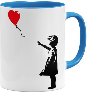 OM3 Banksy Kaffee-Tasse mit Balloon Girl - Street Art Graffiti Stencil - Keramik Becher - 325ml - Beidseitig Bedruckt - Hellblau