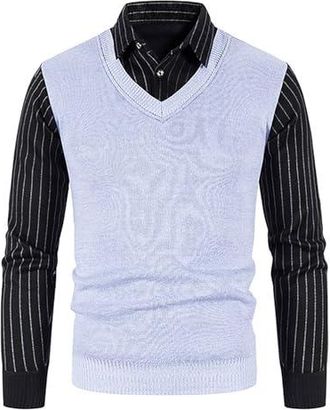 Generic Pull 2 en 1 pour homme, pull doux et chaud en tricot à manches longues et col en V, pull dhiver confortable avec fausses chemises pour une tenue décon