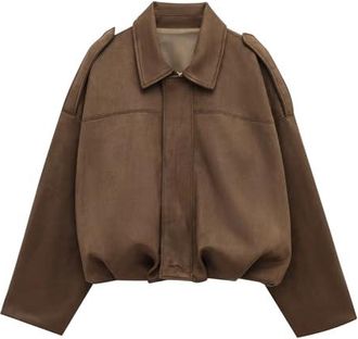 Generic Blouson aviateur &agrave; manches longues en faux daim pour femme - Style d&eacute;contract&eacute; - Surdimensionn&eacute; - V&ecirc;tement dext&eacute;rieur, marron fonc&eacute;, XS