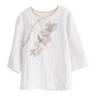 Generic Chemise en lin &agrave; manches 3/4 pour femme - Coton et lin - Motif floral brod&eacute; - Tunique d&eacute;t&eacute; d&eacute;contract&eacute;e pour la plage et les vacances, blanc, 3XL
