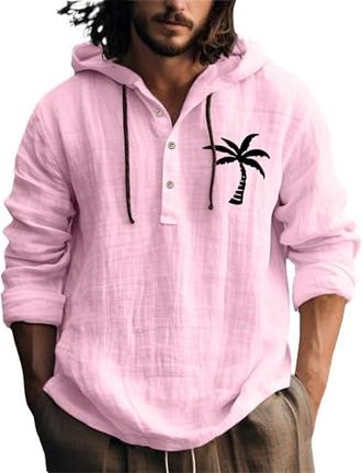 Generic Chemise en lin pour homme - En coton et lin - Boutonni&egrave;re - Manches longues - Avec capuche - Chemise d&eacute;contract&eacute;e confortable - Chemise d&eacute;t&eacute; l&eacute;g&egrave;re - 