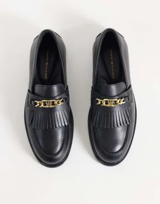 Tommy Hilfiger Rossie Leder-Loafer mit Kettenfransen in Schwarz