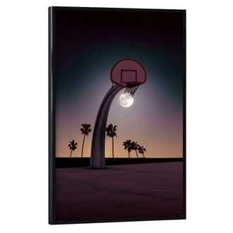 artboxONE Poster mit schwarzem Rahmen 60x40 cm Sport BASKETMOON - Bild Basketball Moon Palm Tree