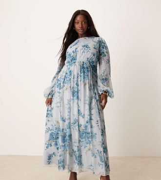 Asos Curve ASOS DESIGN Curve - Maxikleid mit Punktestruktur, Tunnelzugdetail und Blumenmuster in Blau-Bunt