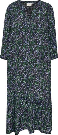 Kaffe Damen Print Dress 3/4 Arm Below The Knee L&auml;ssiges Kleid, Schwarz/Blau/Gr&uuml;n. Kleine Blume, 42