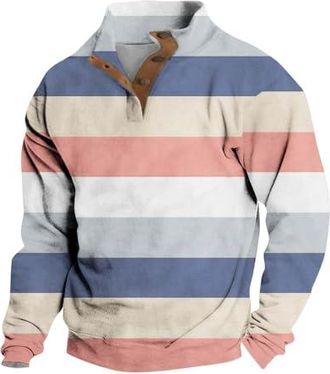 Generic Pull décontracté pour homme tendance automne et hiver décontracté à manches longues boutonné rayé 3D imprimé bouton col montant sweat haut épais pour 