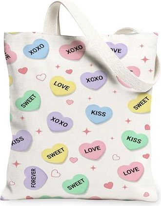 Generic Sacs fourre-tout en toile &agrave; motif coeurs de Saint-Valentin, sacs d&eacute;picerie r&eacute;utilisables, l&eacute;gers et lavables avec bandouli&egrave;re pour Tr, blanc, 13x15 In