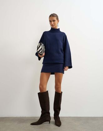 Topshop gestricktes Langarm-Minikleid mit Wolle in Marineblau