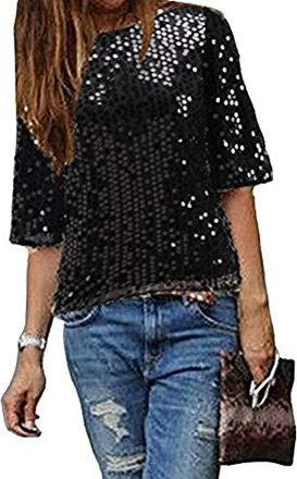 Minetom Femme Chemisier Chic Tops Sexy Blouse T-Shirt Brillant Paillettes Haut Shirt L&acirc;che Manche Courte F&ecirc;te Haut A Noir 40
