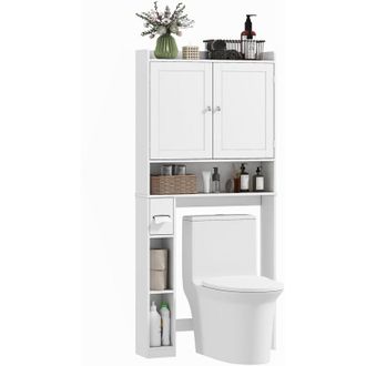 HOMCOM Meuble WC dessus de toilette ou machine &agrave; laver - HOMCOM - 2 portes, 3 niches, porte-papier toilette - MDF - 80x19,5x170cm - blanc