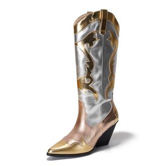 Cape Robbin Bottes de cowboy m&eacute;tallis&eacute;es &agrave; blocs de couleurs pour femme Talon mi-mollet 7,6 cm - Bottes western multicolores avec bout pointu et semelle confortab