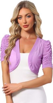 Allegra K Bol&eacute;ro Femme en Maille &agrave; Manches Courtes Fronc&eacute;es Gilet Court L&eacute;ger Demi-Transparent Cardigan pour Robe de Cocktail Violet S
