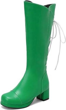 Generic Bottes hautes &agrave; lacets &eacute;lastiques pour femme avec fermeture &eacute;clair lat&eacute;rale, plateforme confortable, bout rond, talons blocs, chaussures dhiver, Vert,