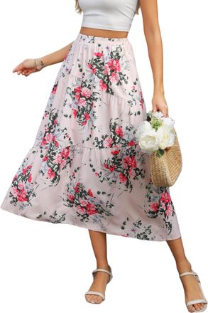 Zeagoo Maxi Rock Damen Elegant Flowy Langer Rock Sommer Elastic Waistband Stufenrock L&auml;ssig Urlaub Sommerrock mit Taschen Rosa Blumen S