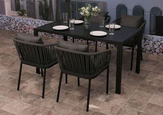 Mendler Gartengarnitur HWC-N41, Tisch+4xStuhl, wetterfest Alu 140x80cm, Seilgeflecht Rope - anthrazit, Kissen dunkelgrau