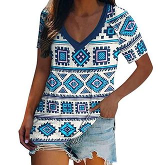 Janly T-shirts surdimensionn&eacute;s pour femmes T-shirt avec col en V Western Aztec Impression ethnique pour les loisirs Style d&eacute;t&eacute; Fille T-shirt dr&ocirc;le T-shirts 