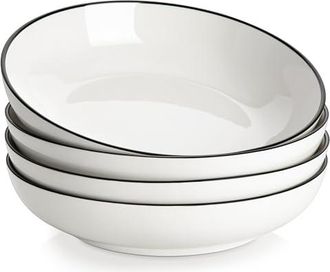 Malacasa Série REGULAR 1250ml Assiettes à Pâtes en Porcelaine, Assiettes Creuses, Service de Bols à Salade 4 Pièces, Blanc avec Bord Noir