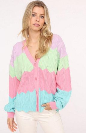 Zwillingsherz Strickjacke Block Wellen Langarm, V-Ausschnitt, Knöpfe, Baumwolle, Wellenkante