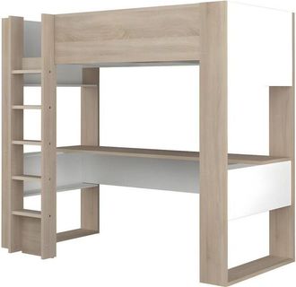 Vente-Unique Vente-Unique - Lit mezzanine 90 x 200 cm avec bureau et rangements - Ch&ecirc;ne et blanc - &Eacute;tag&egrave;res int&eacute;gr&eacute;es - Fabriqu&eacute; en Europe
