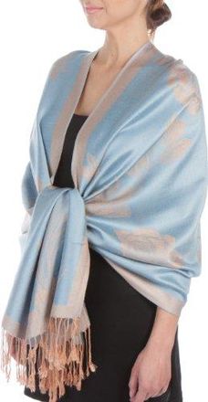 Sakkas PashRose06AG l&eacute;ger deux tons Rose Floral Fringe conception Pashmina Foulard/vol&eacute;/Wrap - Powder Blue/Beige