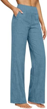 Generic Pantalon d&eacute;contract&eacute; en coton et lin pour femme - L&eacute;ger - Coupe d&eacute;contract&eacute;e - Taille droite - Grande taille - Solide - Pantalon long pour femme, bleu