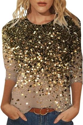 Generic Hauts &agrave; paillettes pour femme - Chemisiers festifs pour femme - Manches 3/4 - Col rond basique - Tunique l&eacute;g&egrave;re - Automne et hiver - Paillettes scinti