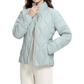 Generic Doudoune matelass&eacute;e l&eacute;g&egrave;re pour femme, coupe ajust&eacute;e, col montant, compressible, courte, chaude, fermeture &eacute;clair, automne/hiver, bleu clair, taille X