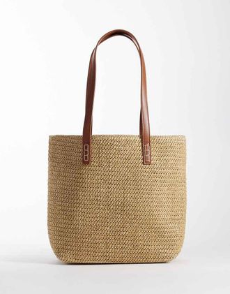 Glamorous Tragetasche aus Bast in Cremewei&szlig; und Braun-Brown
