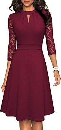 Homeyee Robe de Cocktail Plissée à Manches en Dentelle Creuse pour Femme A234 (XXL, Bourgogne)