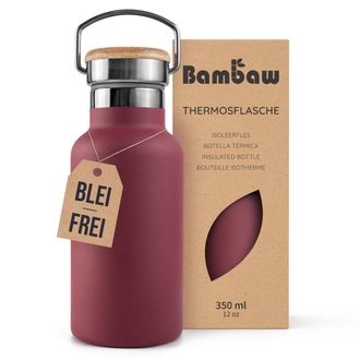 Bambaw Thermosflasche Kinder 350ml, Wasserflasche Rot, Trinkflasche Edelstahl, Trinkflasche Isoliert, Edelstahl Flasche Bambus, Isolierflasche 350 ml - Kirsc
