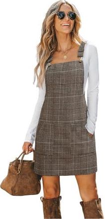 Cupshe Mini robe décontractée en velours côtelé à col carré avec poche avant et bretelles larges pour femme, Motif carreaux Marron, M