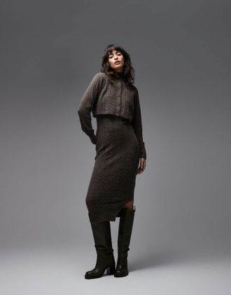 AllSaints Sabine - Zweiteiliges Set aus Strickkleid und Strickjacke in Braun-Brown